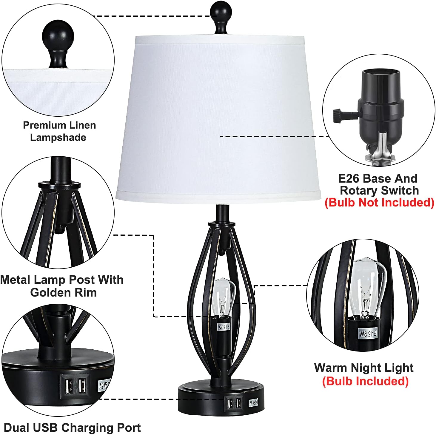 Pauwer USB Table Lamps Set of 2 with Night Light Black Metal Bedside ...