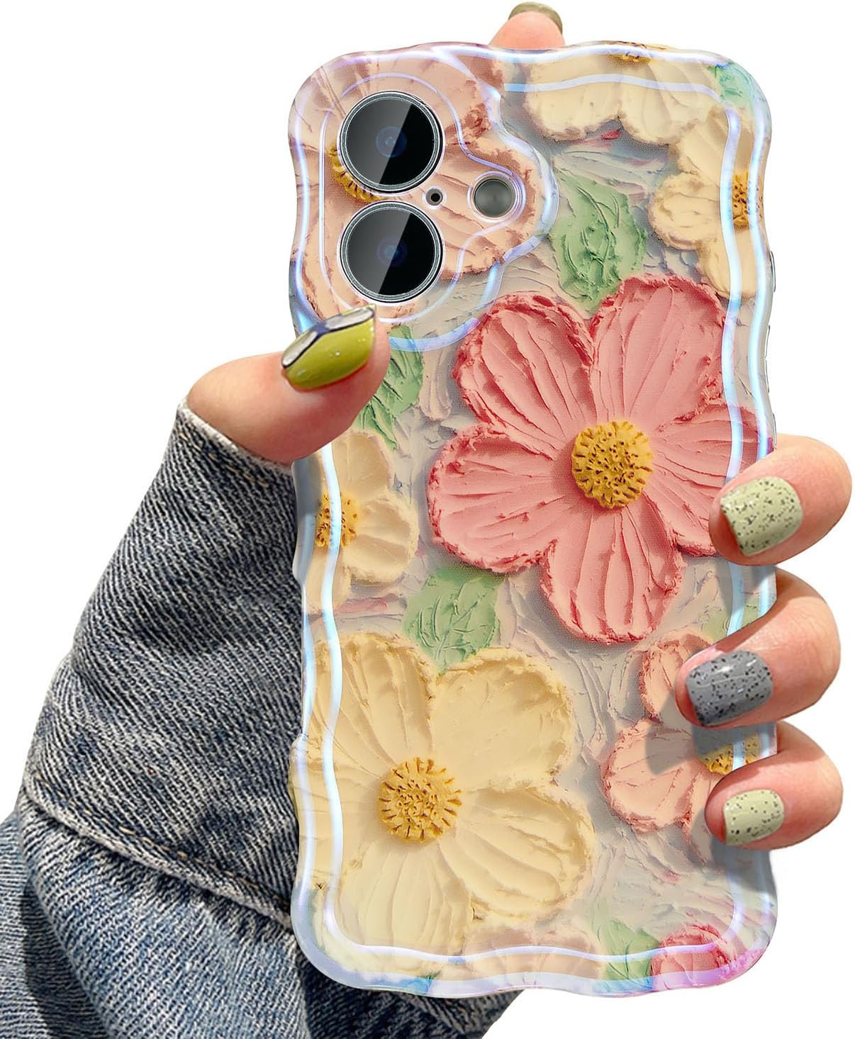 UEEBAI Case for iPhone 16, Colorful Retro Oil Painting Flower Case Pretty Glossy Pattern Wave ...