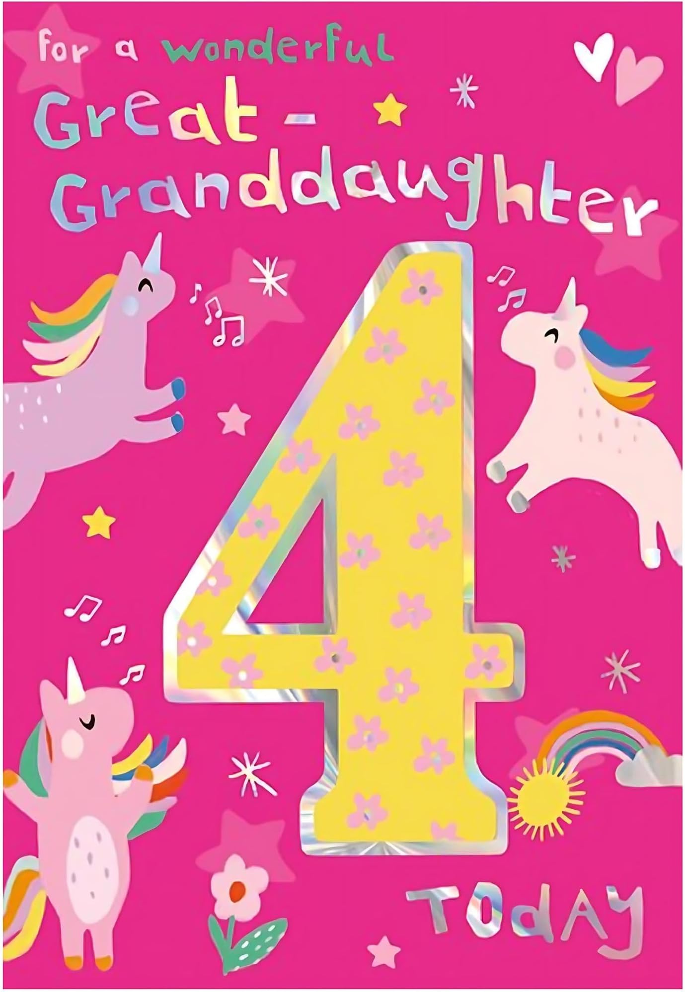 Great Granddaughter 4th Birthday Card - Age 4 - Rainbow Unicorn Design ...
