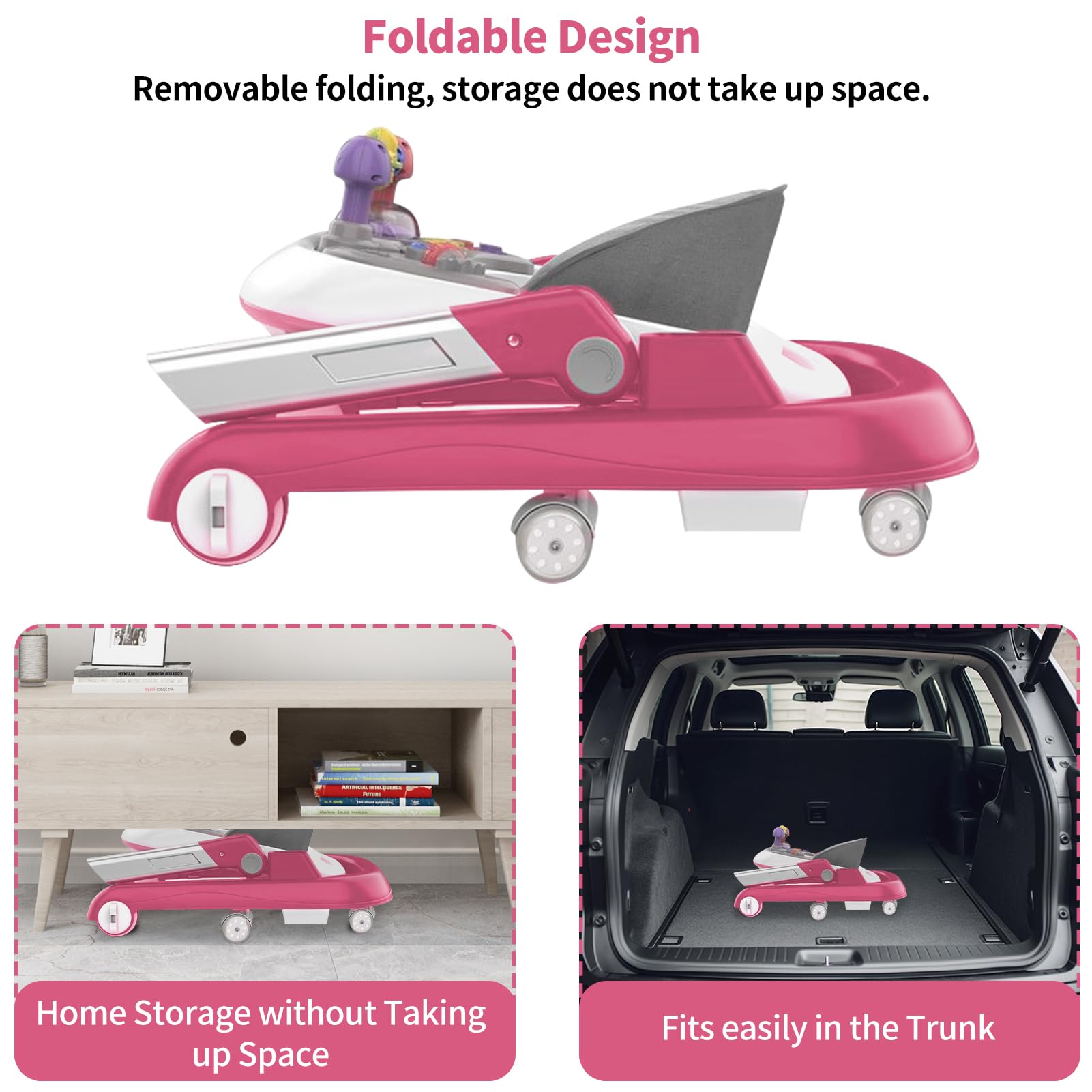 (Rose-red) Baby Walker, 6-Gear Height Adjustable Foldable Baby Walkers ...