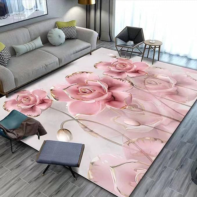 Amazon.com: Floral Pink Flowers Rug Living Room Area Rugs Plant Carpet ...