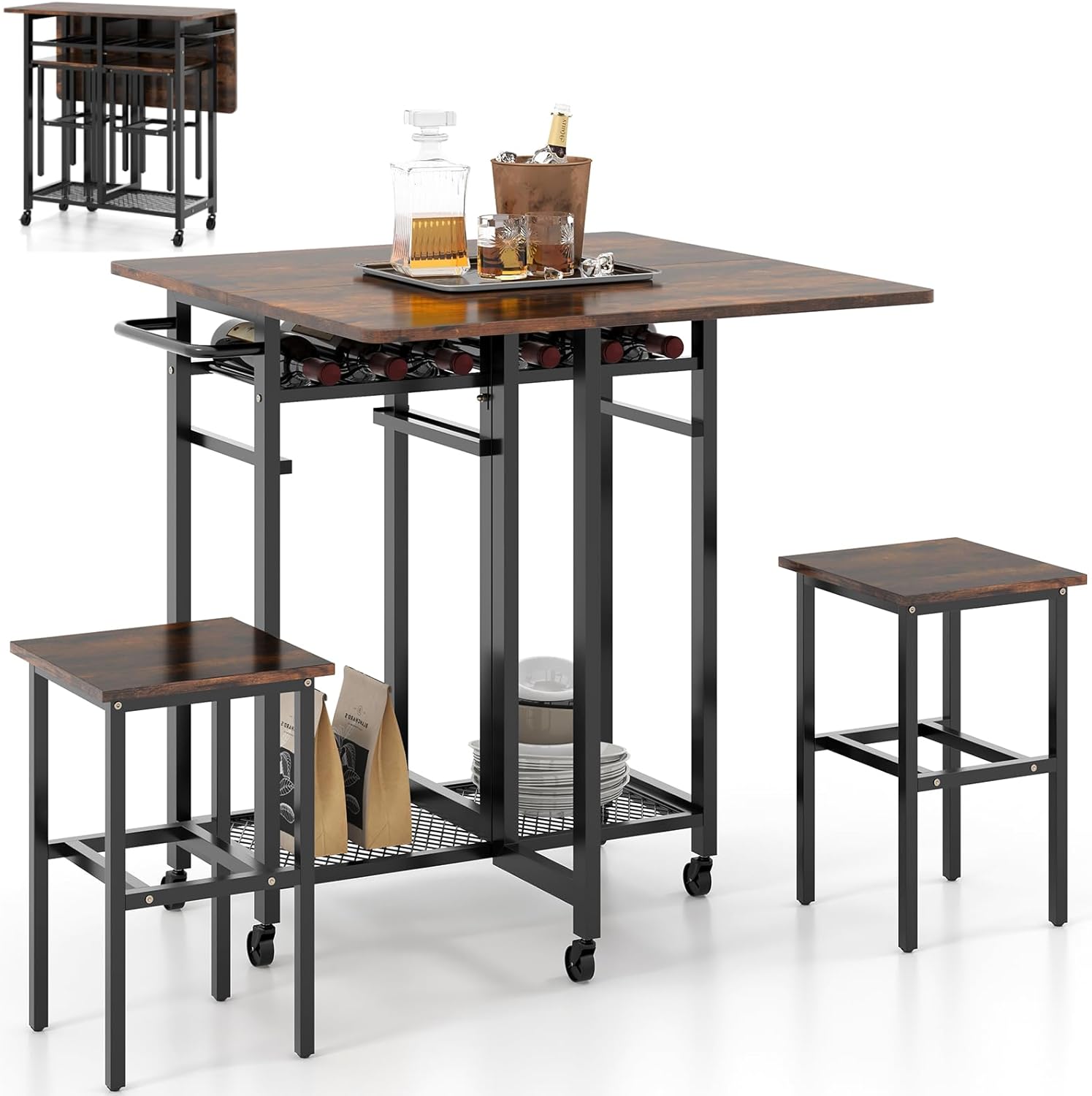 TANGZON 3 Piece Dining Table Set, Folding Drop Leaf Dining Table and 2 ...