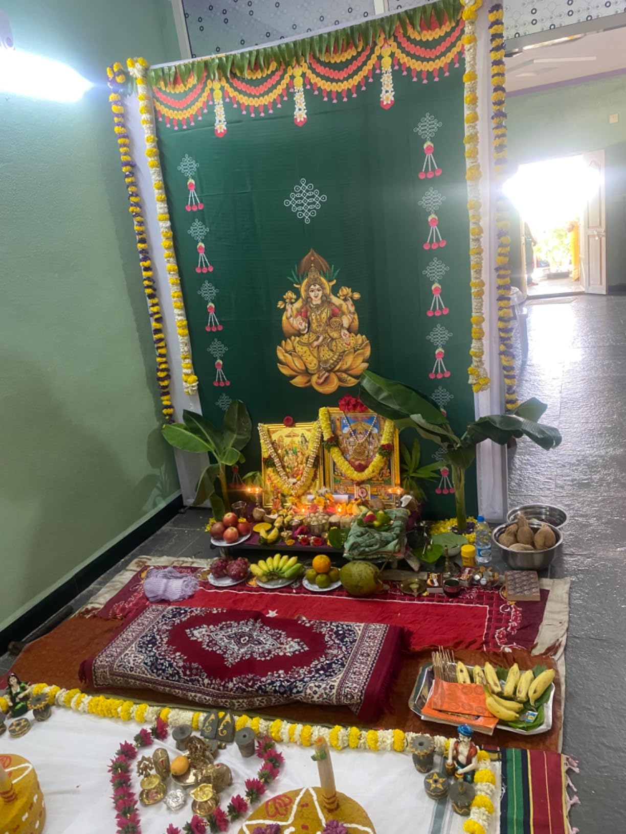 Buy PulGos Lakshmi Devi Backdrop Cloth with Toran Design | Green Color ...