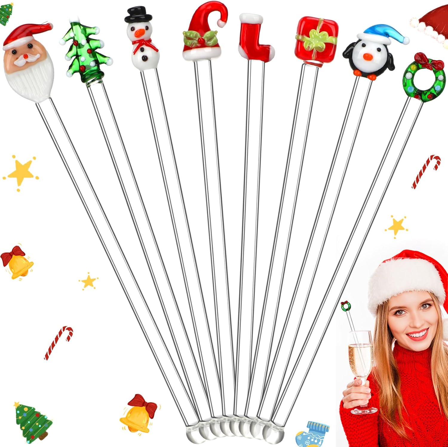 Maxcheck 8 Pieces Christmas Glass Swizzle Sticks Xmas Glass Cocktail ...