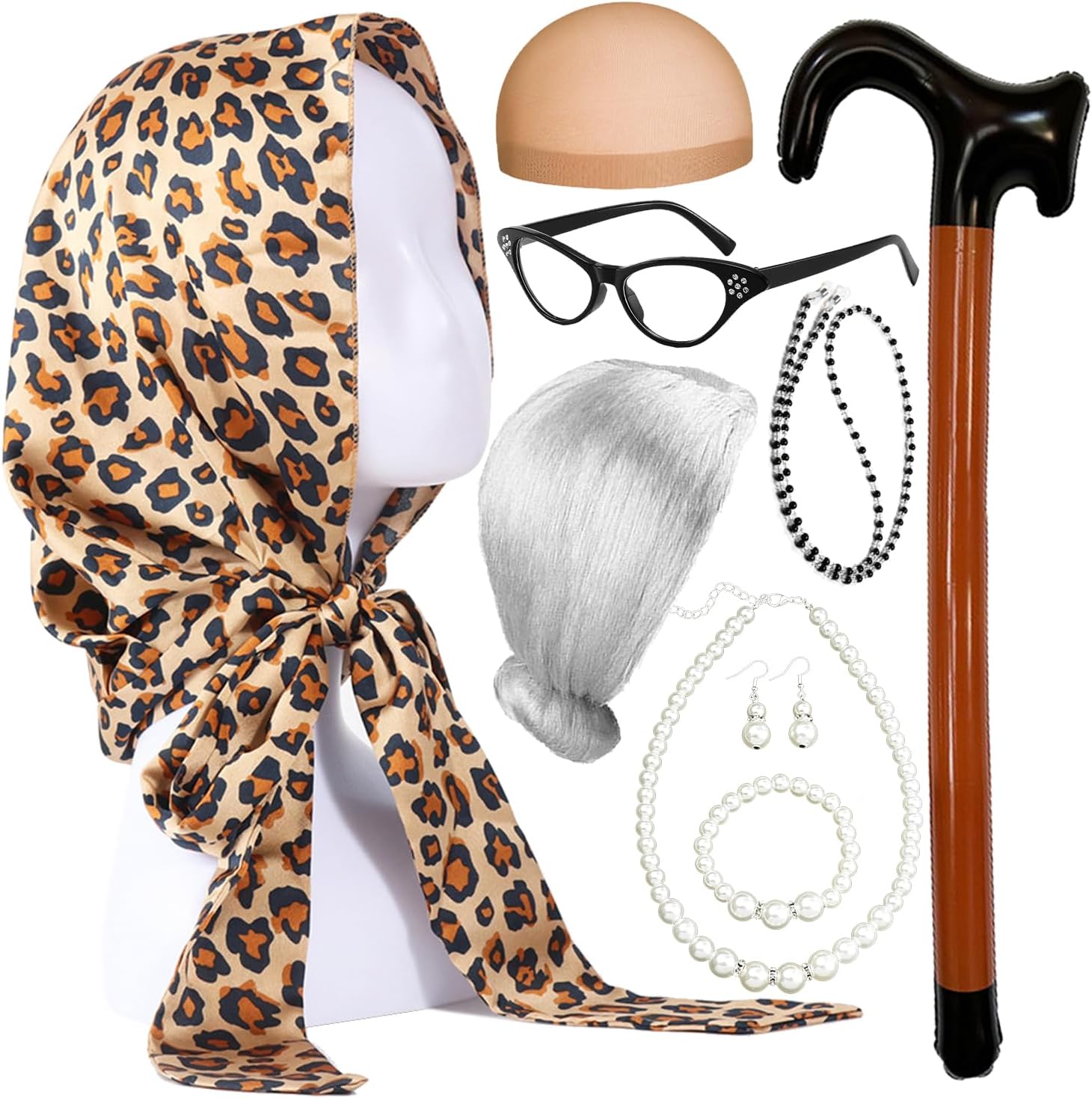 11PCS Old Lady Wig Granny Costume Set Grandma Granny Wig & Cap for 100 ...