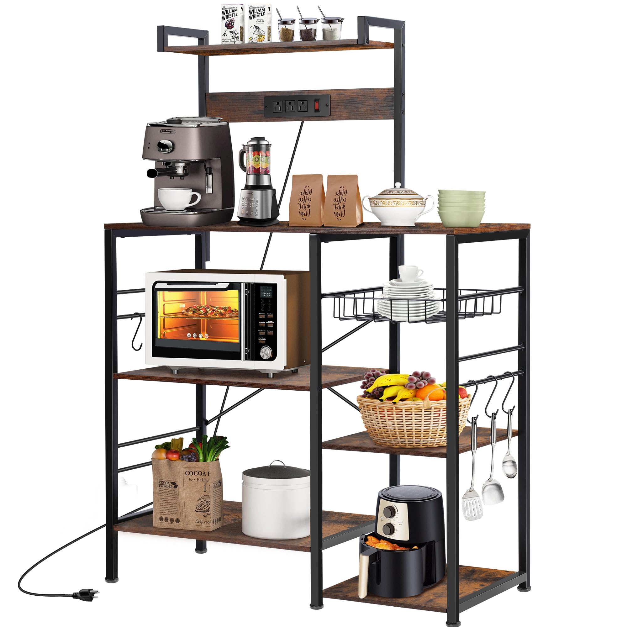 Rengue Bakers Rack with 3 Power Outlets, 4-Tier Kitchen Storage Shelf ...