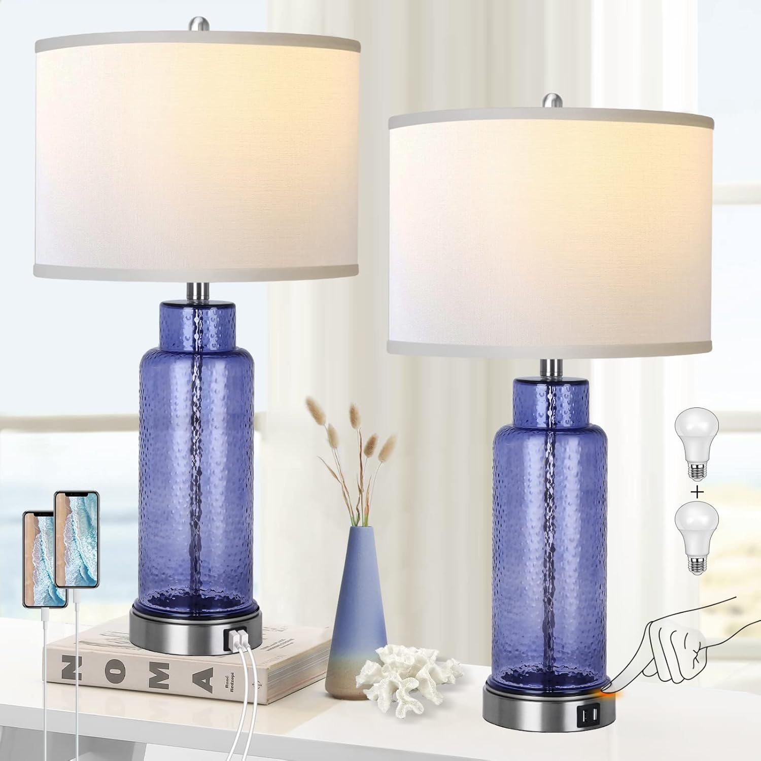 Amazon.com: Table Lamps for Bedrooms Set of 2, Blue Glass Beside Lamps ...