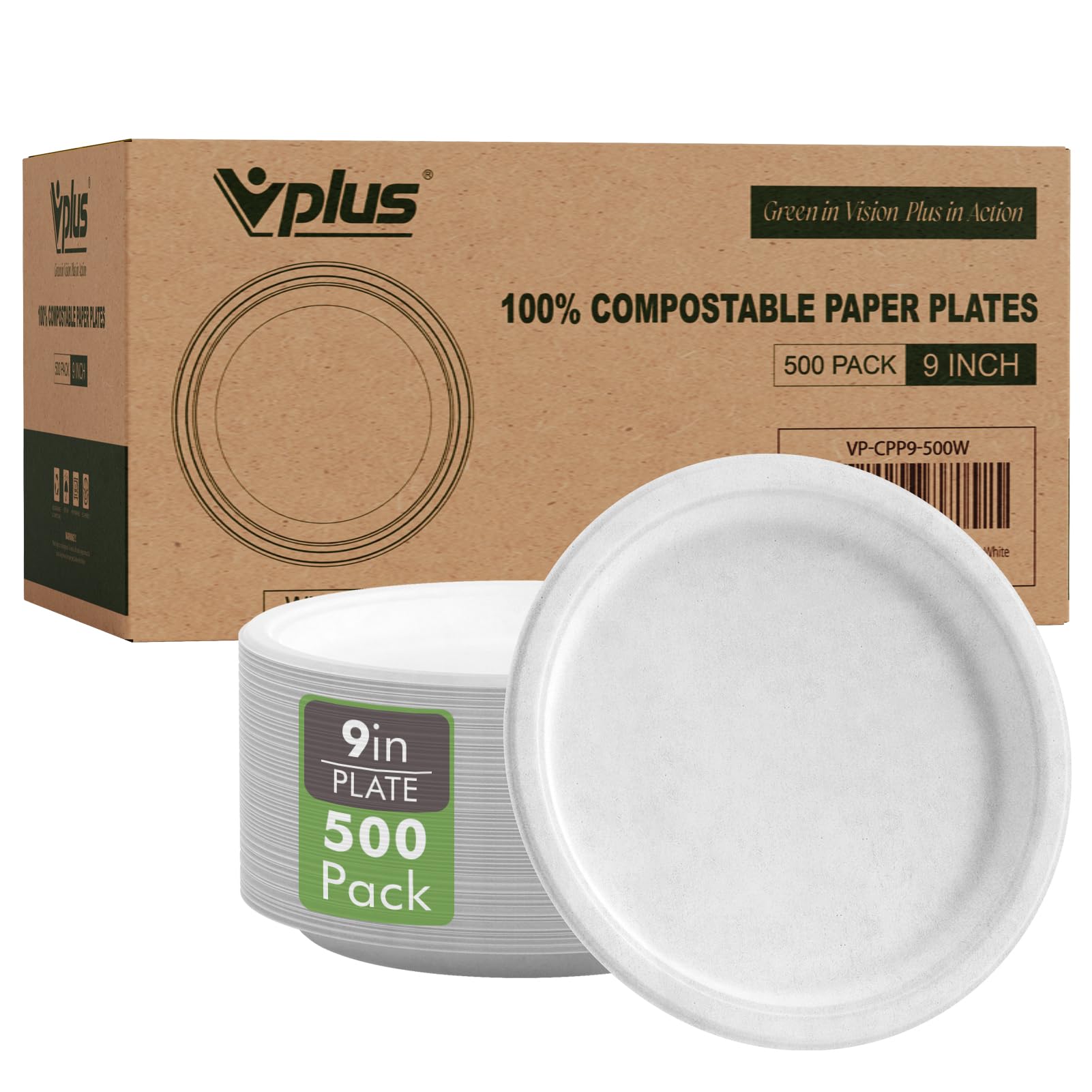 Amazon.com: Vplus 500 Pack Paper Plates 9 inch 100% Compostable Plates ...