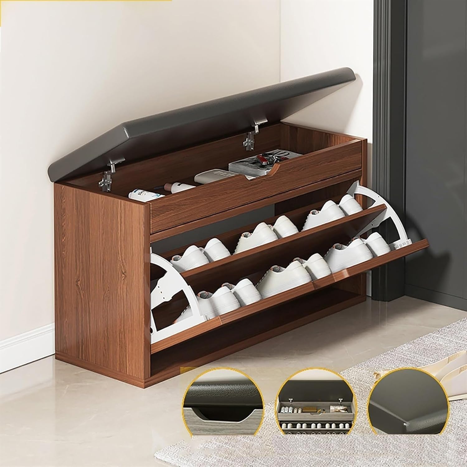 Amazon.com: YONGYILI Flip-Drawer Shoe Storage Bench, PU Padded Shoe ...