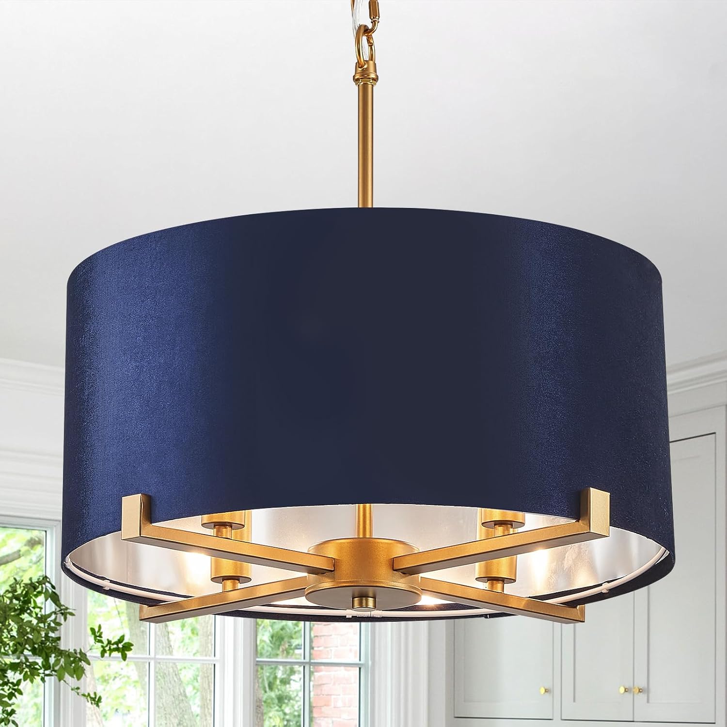 CATINER Drum Chandelier,18” Blue and Gold Round Ceiling Pendant Light ...