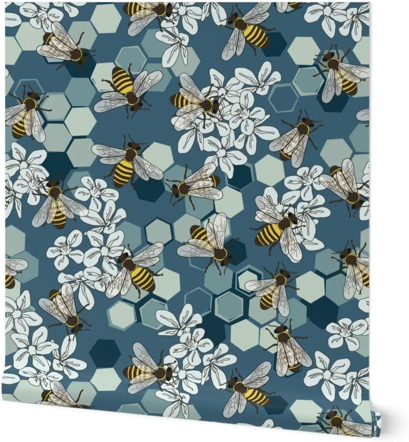 Spoonflower Peel & Stick Wallpaper Swatch - Honey Bees Teal Blue Large ...
