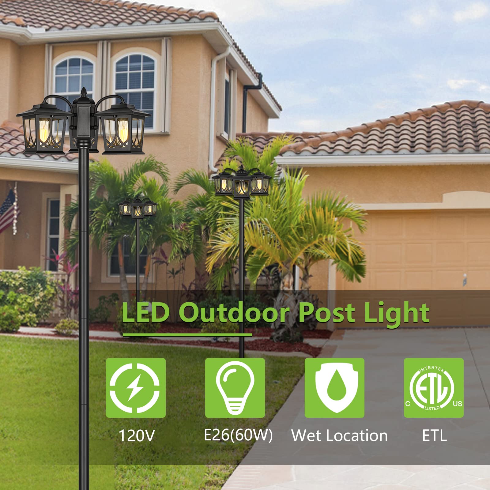 Outdoor Post Lights, 3-Head Outdoor Street Light Waterproof Antique LED ...