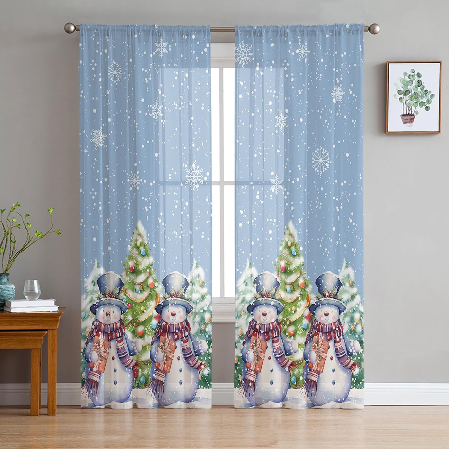 Amazon.com: OUR DREAMS Christmas Snowman Blue Sheer Curtains 84 Inches ...