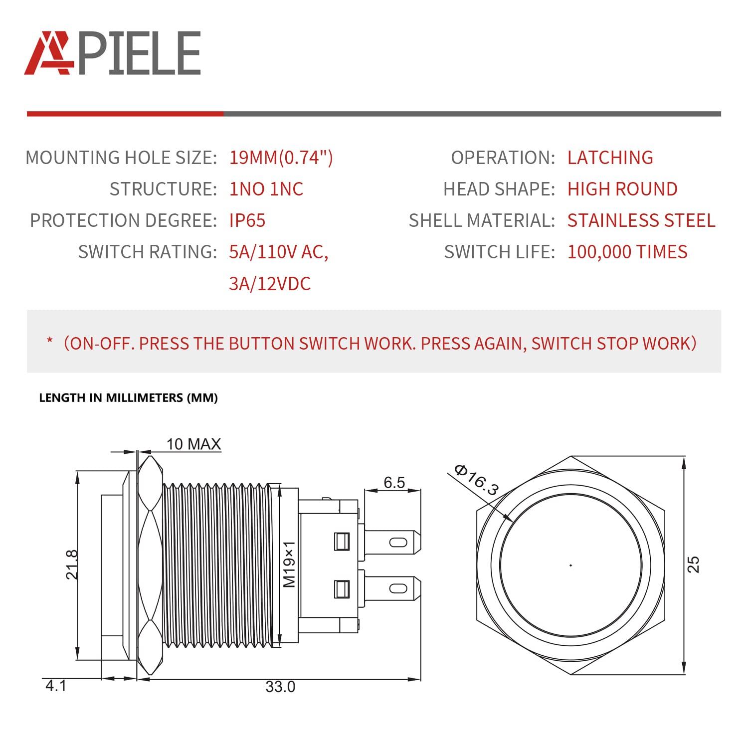 Snapklik.com : APIELE 19mm Latching Push Button Switch Round Waterproof ...