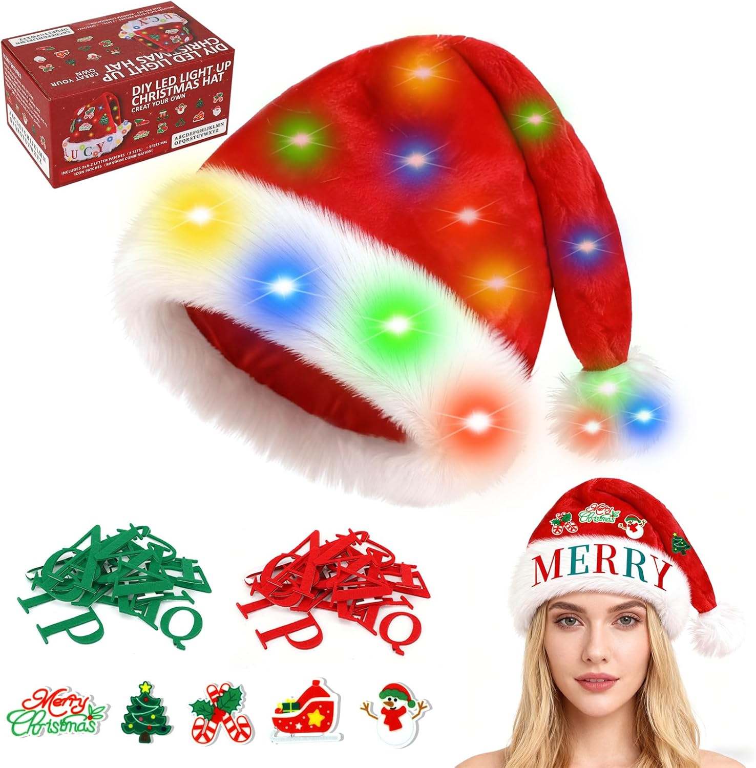 Beipegin DIY Light up Santa Hat for Adults LED Lights Flashing ...