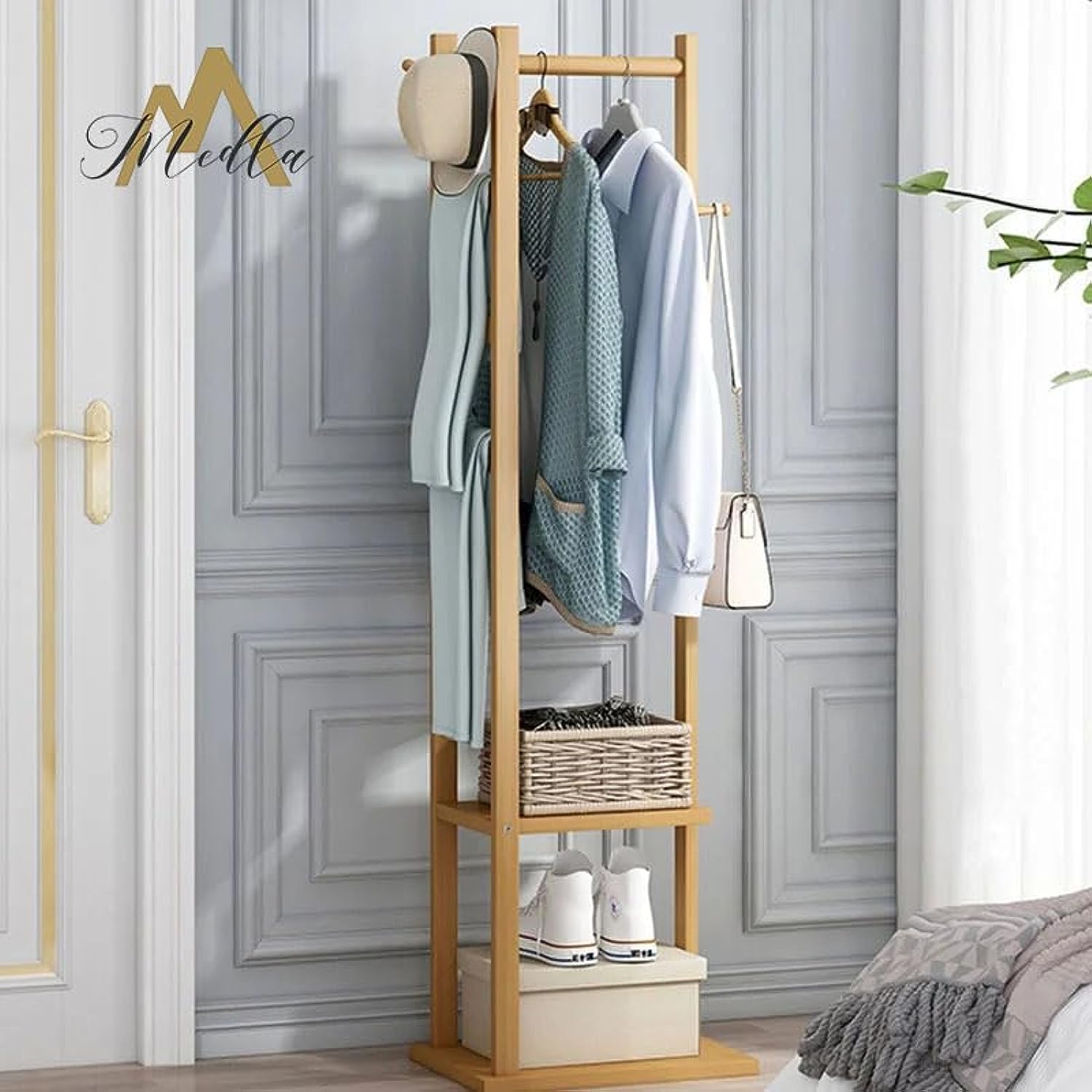 medla Bamboo Clothes Hanger Stand: Wood Cloth Rack with 3 Hanging Hooks ...
