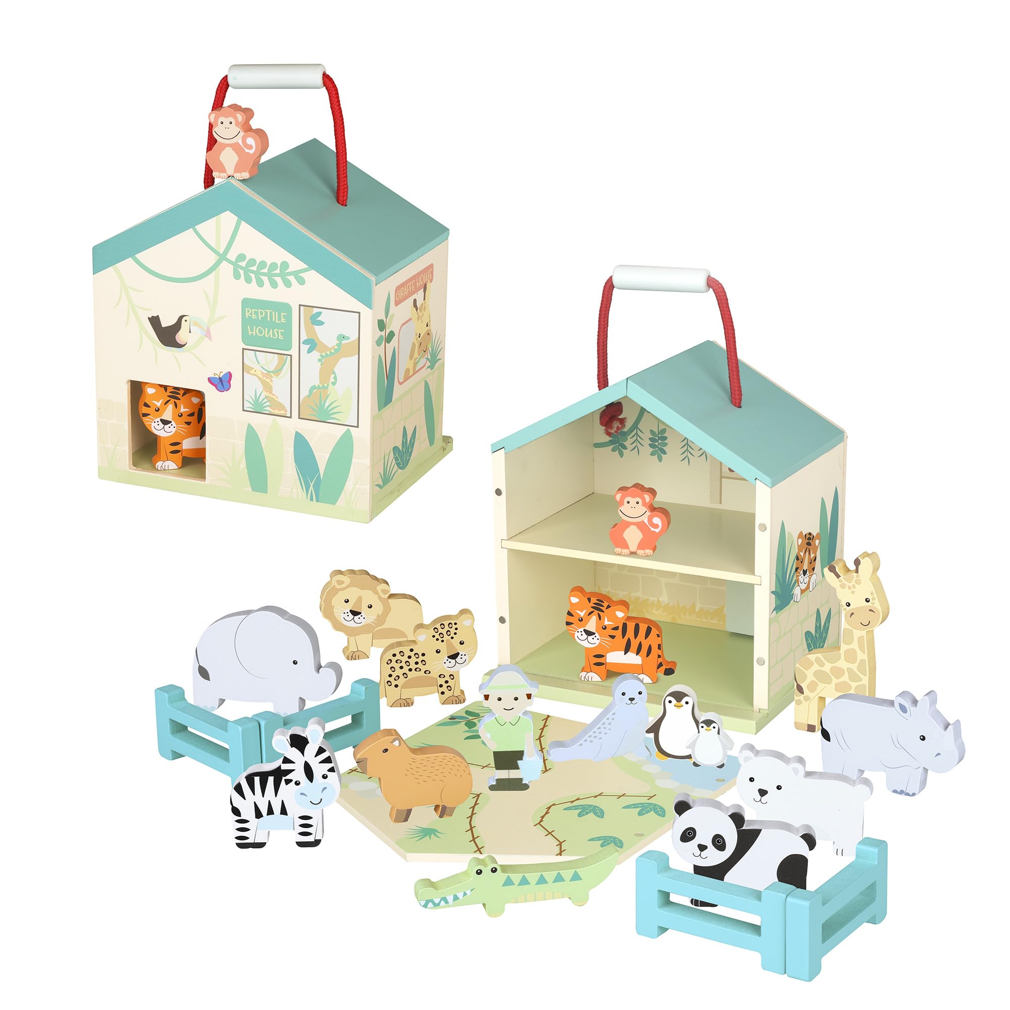 Orange Tree Toys Wooden Zoo Animals Play Set with Portable House ...