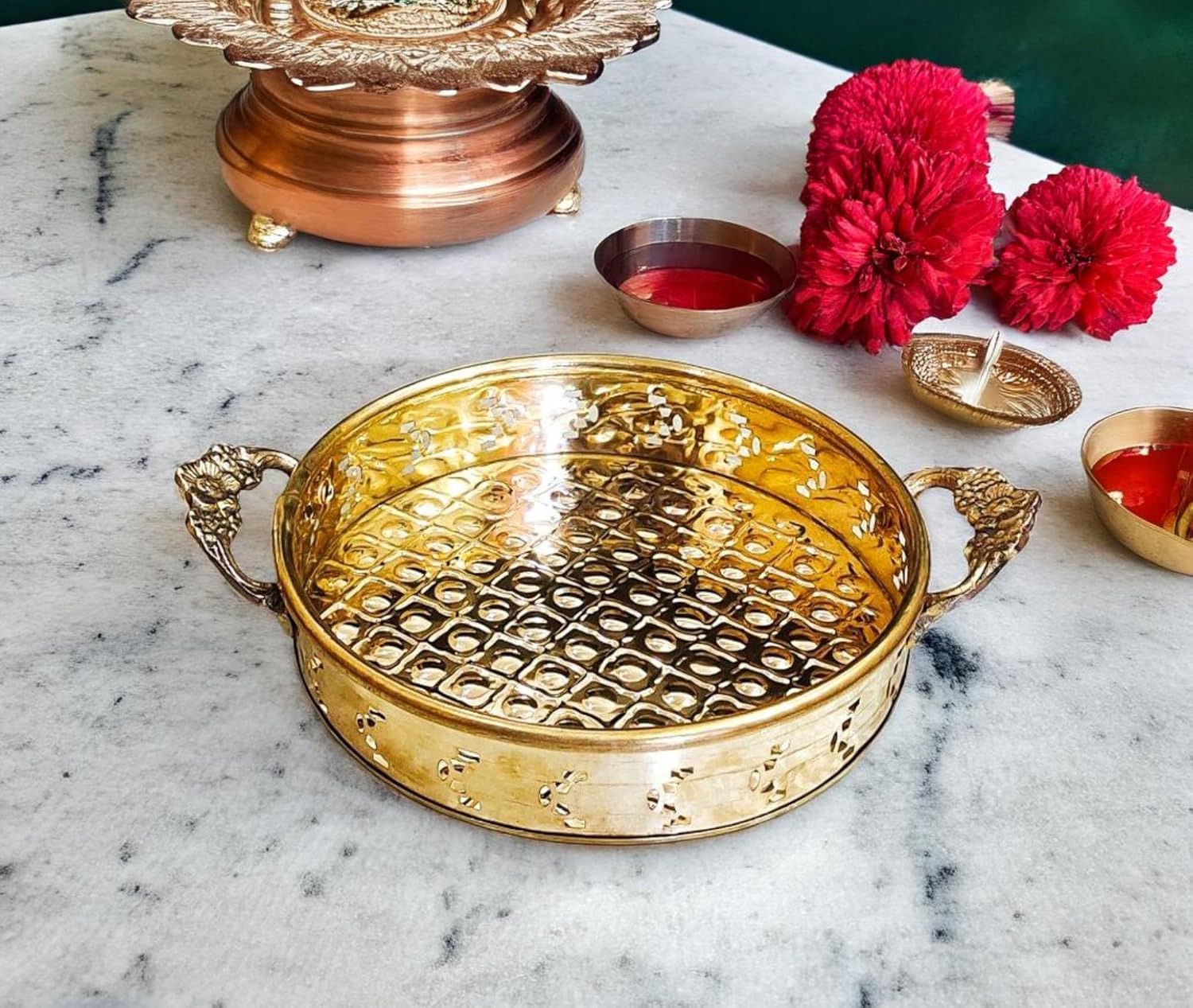 PITARA HOMES Pure Brass Pooja Basket (Round, Gold Color) | Traditional ...