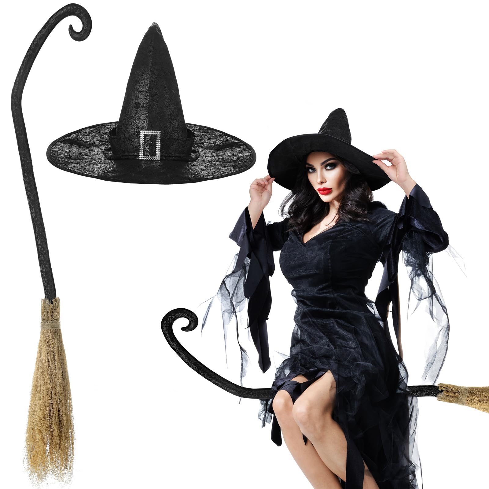 Amazon.com: Hercicy 2 Pack Halloween Witch Broom Hat Set Halloween ...