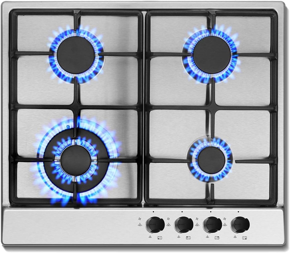 Noxton Gas Hob 4 Burner, Built-in Gas Cooker Plug & Go, Stainless Steel ...