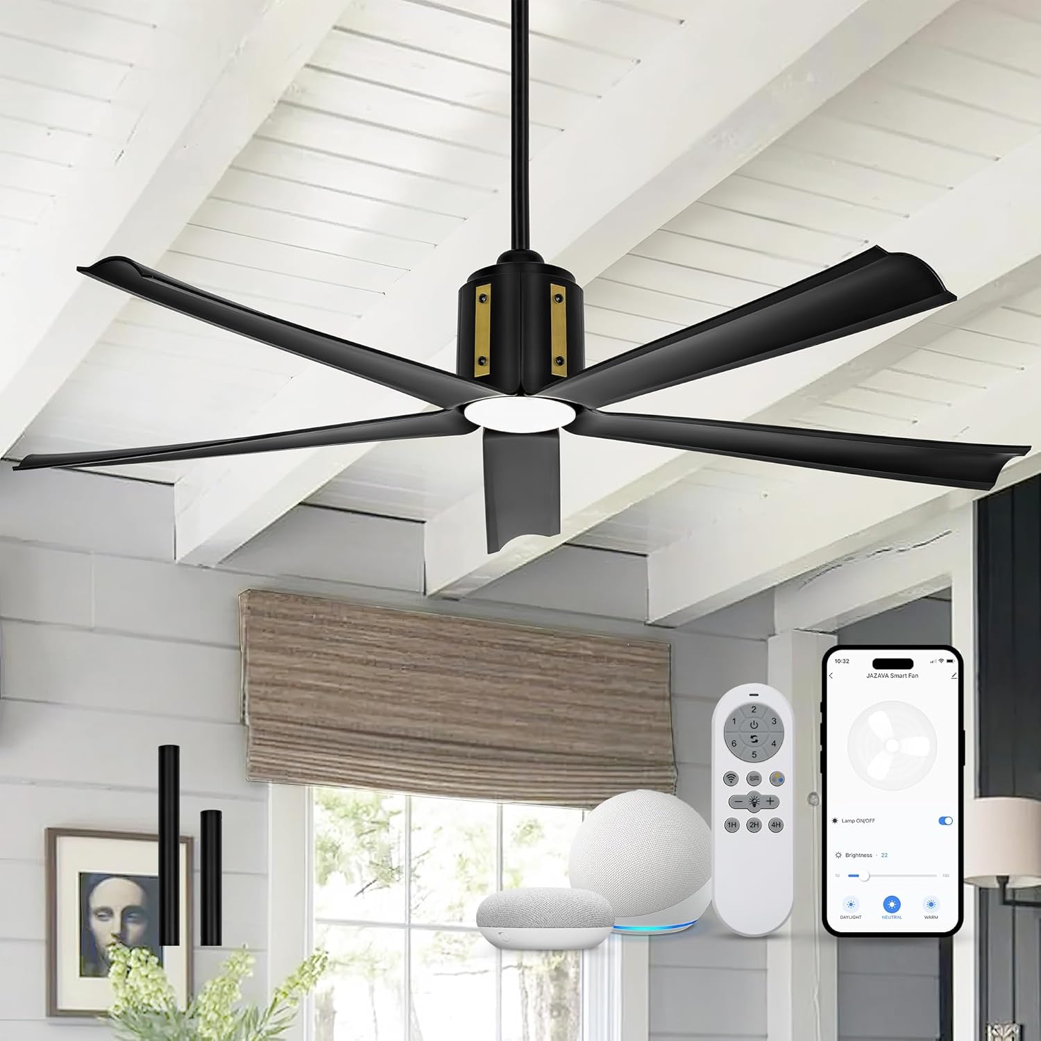 JAZAVA Smart 60 Inch Ceiling Fan, Black Ceiling Fans with Lights and ...