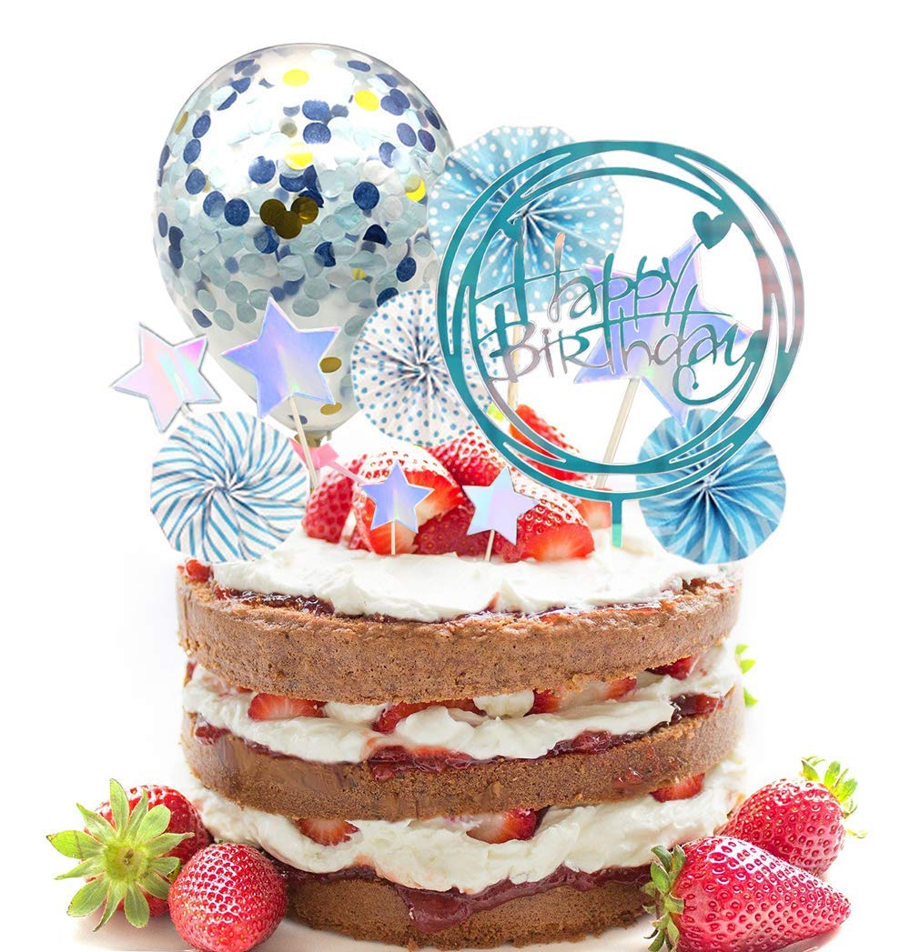 Buy Blue Happy Birthday Cake Topper Set of 13 Confetti Balloon Laser ...