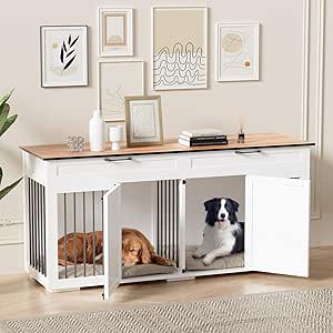 Amazon.com : Double Dog Crate Furniture with 2 Drawers and Removable ...