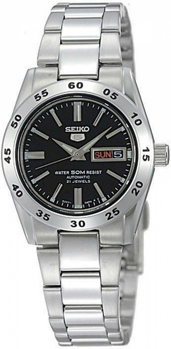 Amazon.com: Seiko 5 Women's Black Face Stainless Steel Day & Date ...