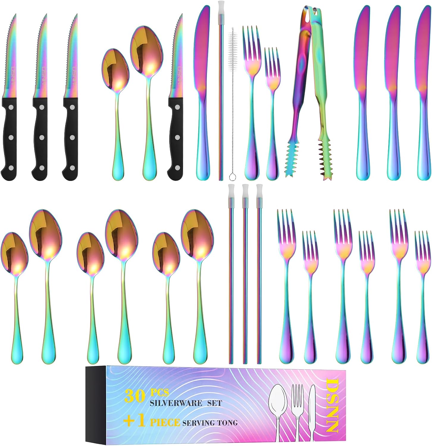 Amazon.com | 30 Piece Rainbow Silverware Set, Stainless Steel Cutlery ...