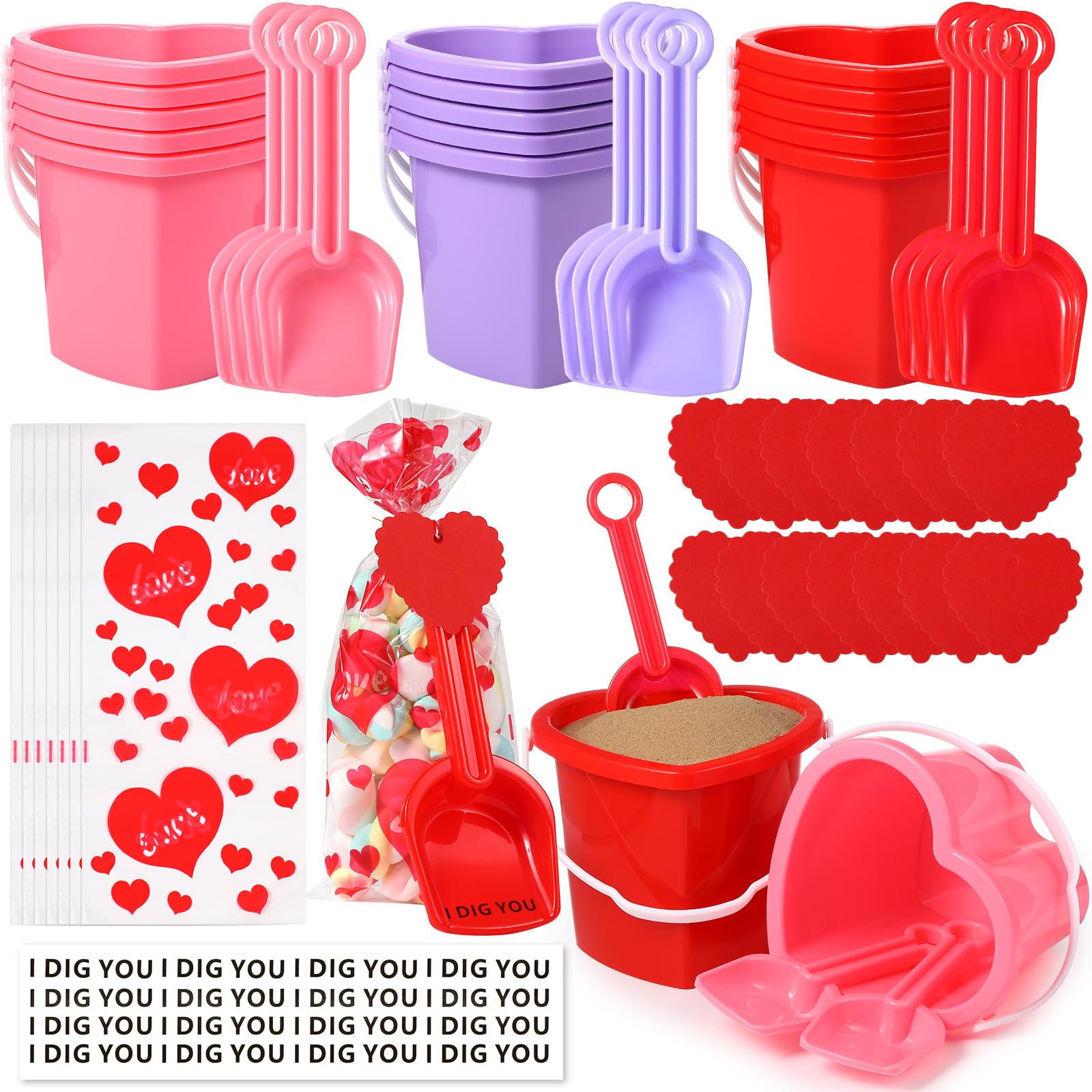 SiliFine 120 Pcs Valentine's Day Heart Shape Sand Buckets Set Plastic ...