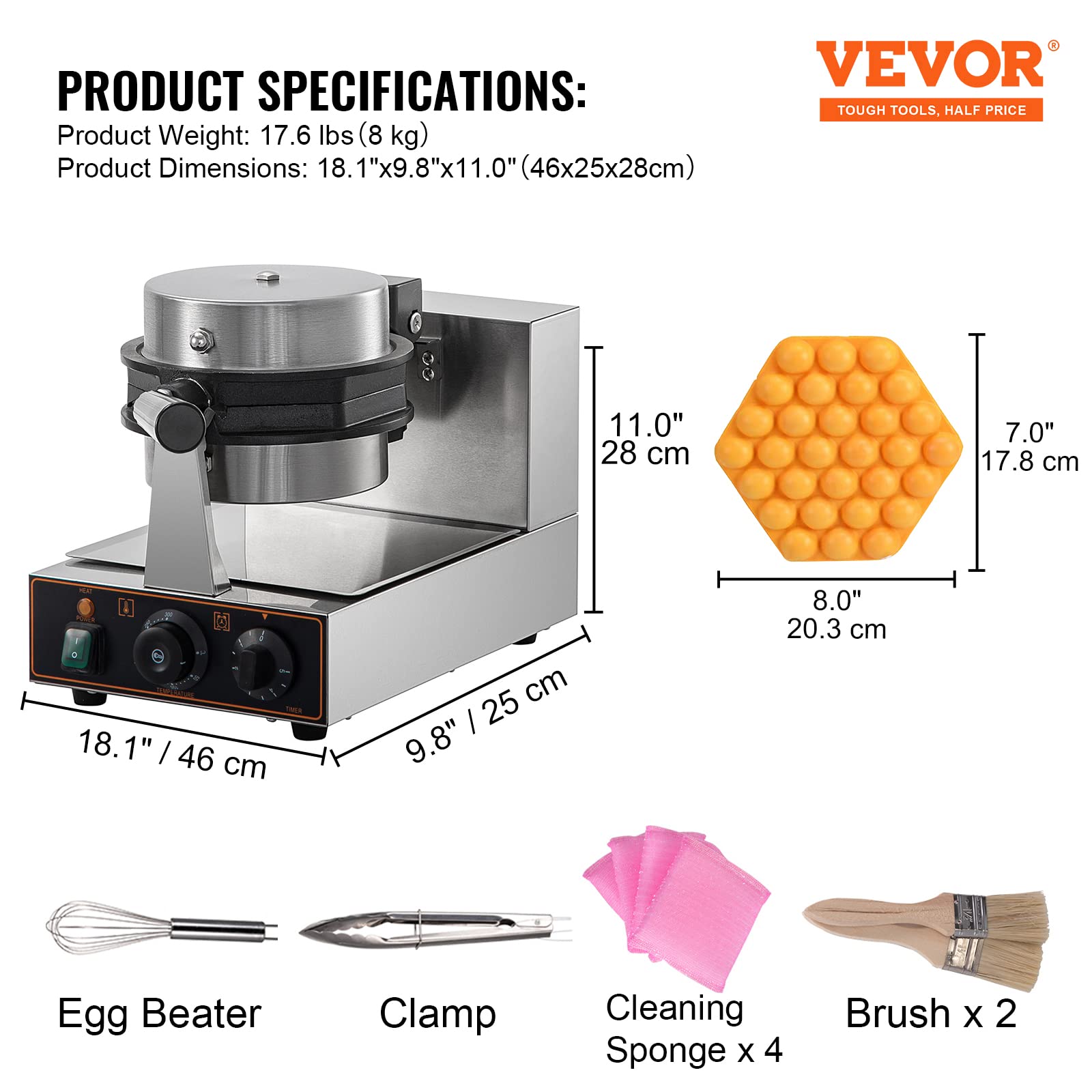 VEVOR Commercial Bubble Waffle Maker, 1200W, Hexagonal Egg Bubble Puff ...