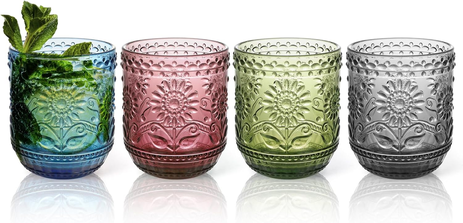 Amazon.com | Topsky Vintage Drinking Glass Set of 4,12 oz Embossed ...
