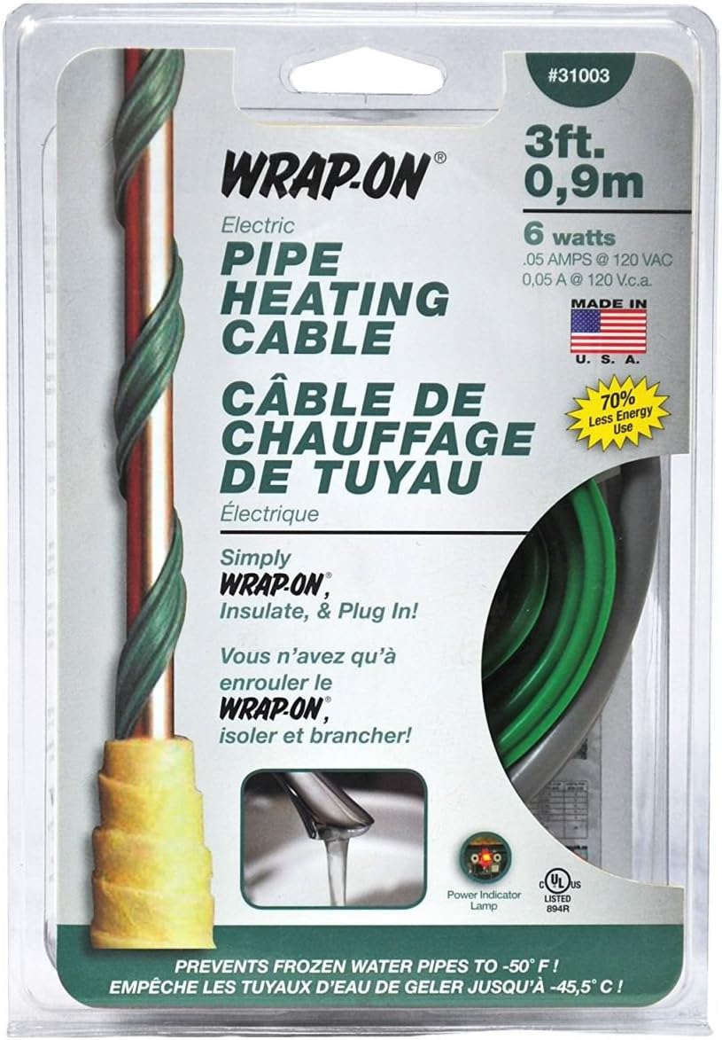 WRAP-ON Pipe Heating Cable - 3-Feet, 120 Volt, Built-in Thermostat, Low ...