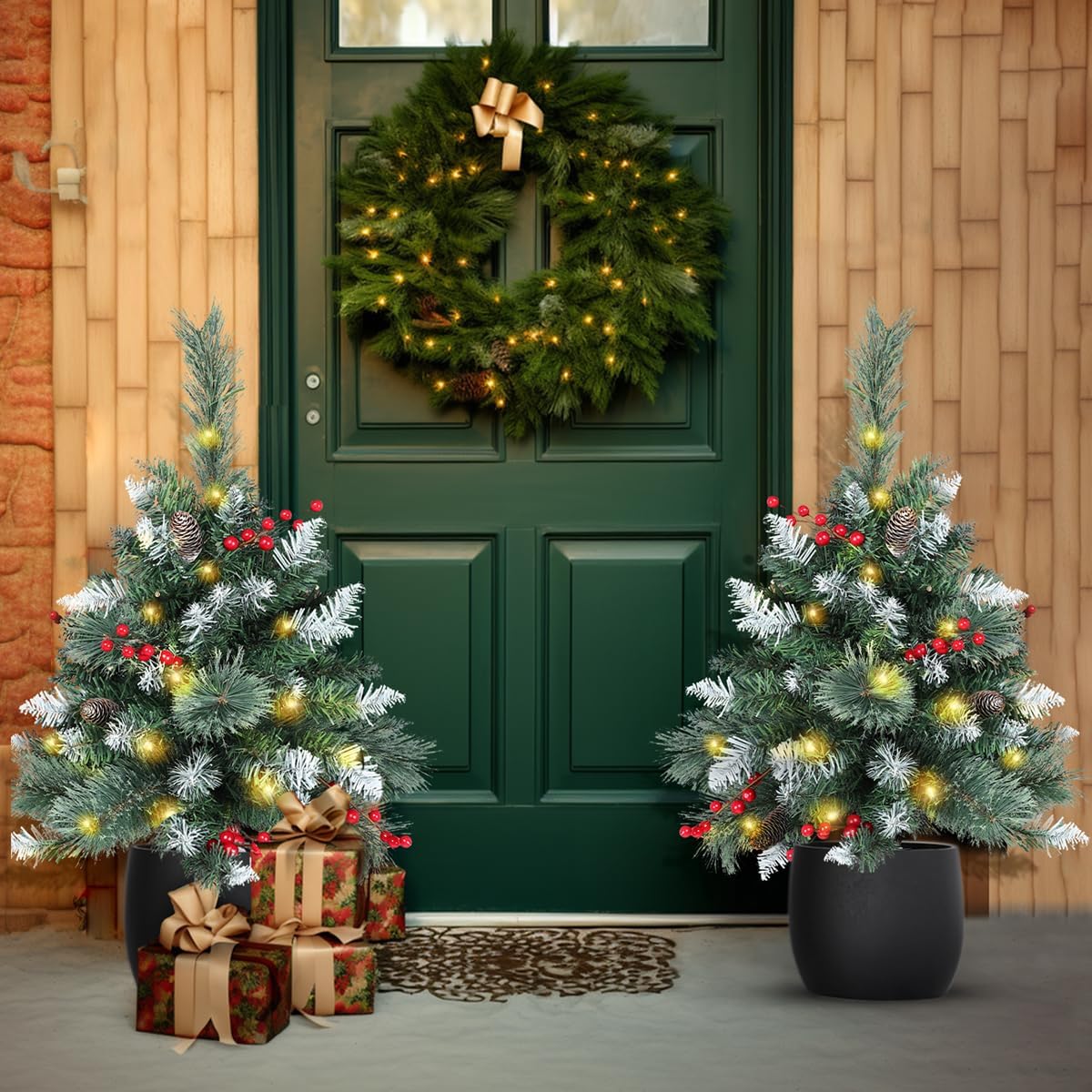 Amazon.com: Small Outdoor Christmas Tree for Porch - Set of 2 Prelit ...