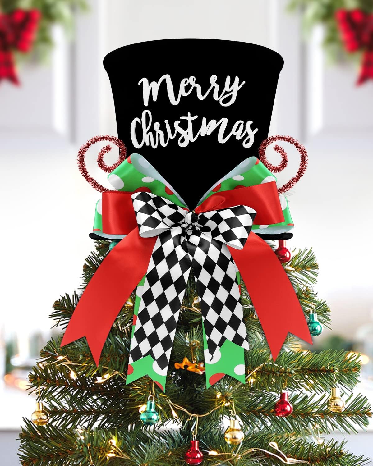 Amazon.com: Merry Christmas Tree Topper Whimsical Top Hat with Check ...