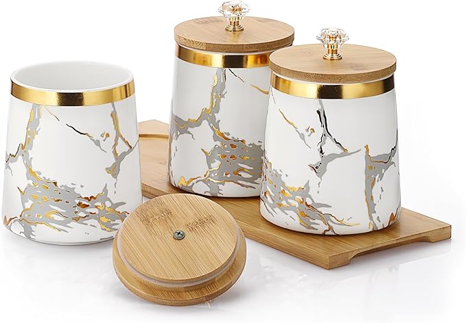 BTSKY White Ceramic Canister with Wood Lid and Tray - Airtight 3pcs ...