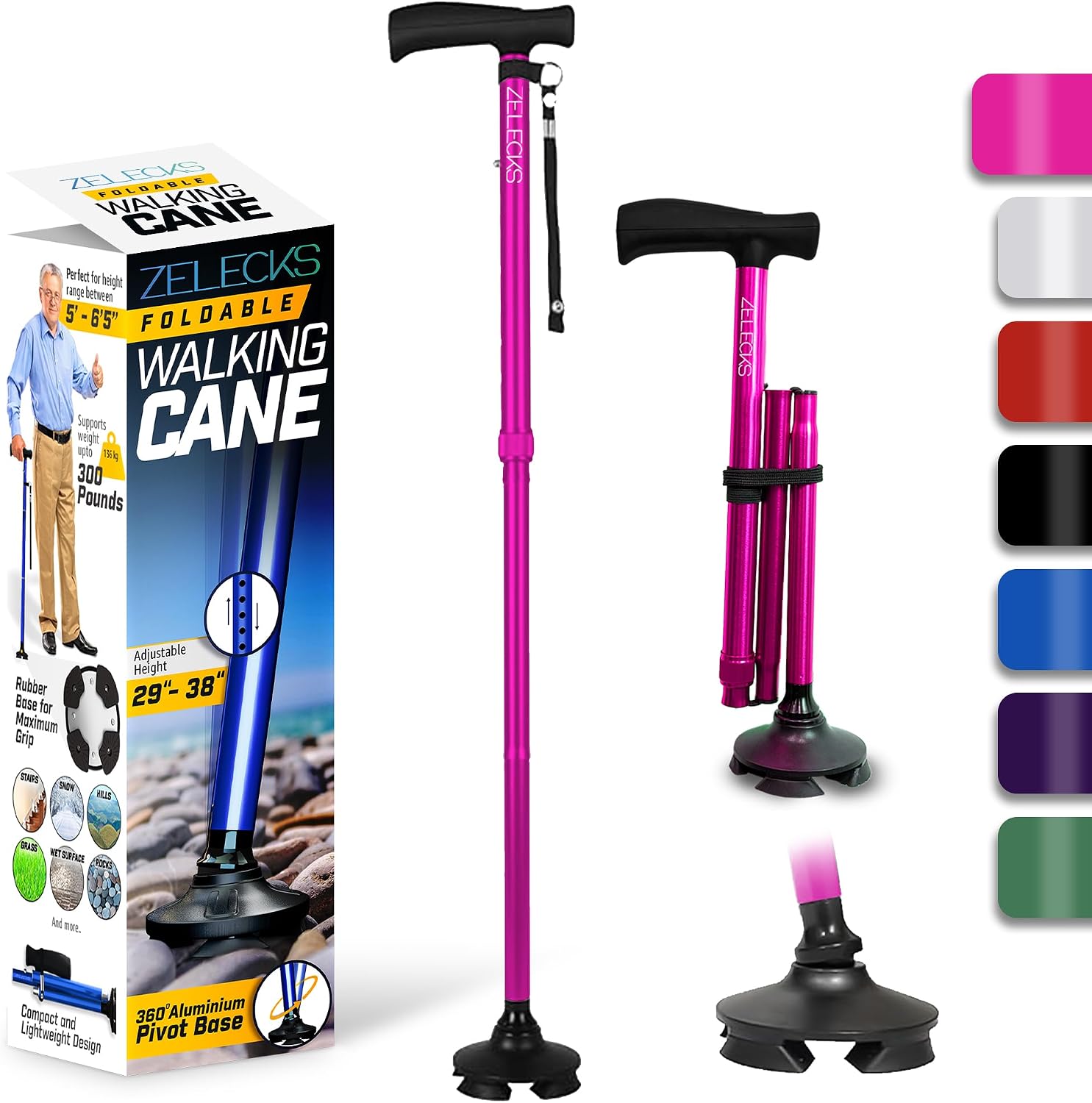 ZELECKS Walking Cane for Women & Men - Self Standing Adjustable Folding ...