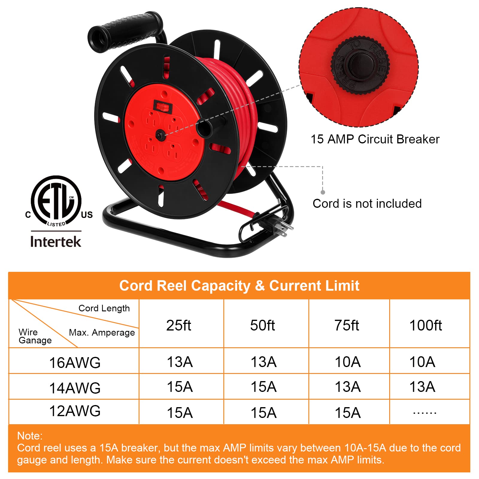Suraielec Extension Cord Reel, 15 AMP Circuit Breaker, Multiple Outlets ...