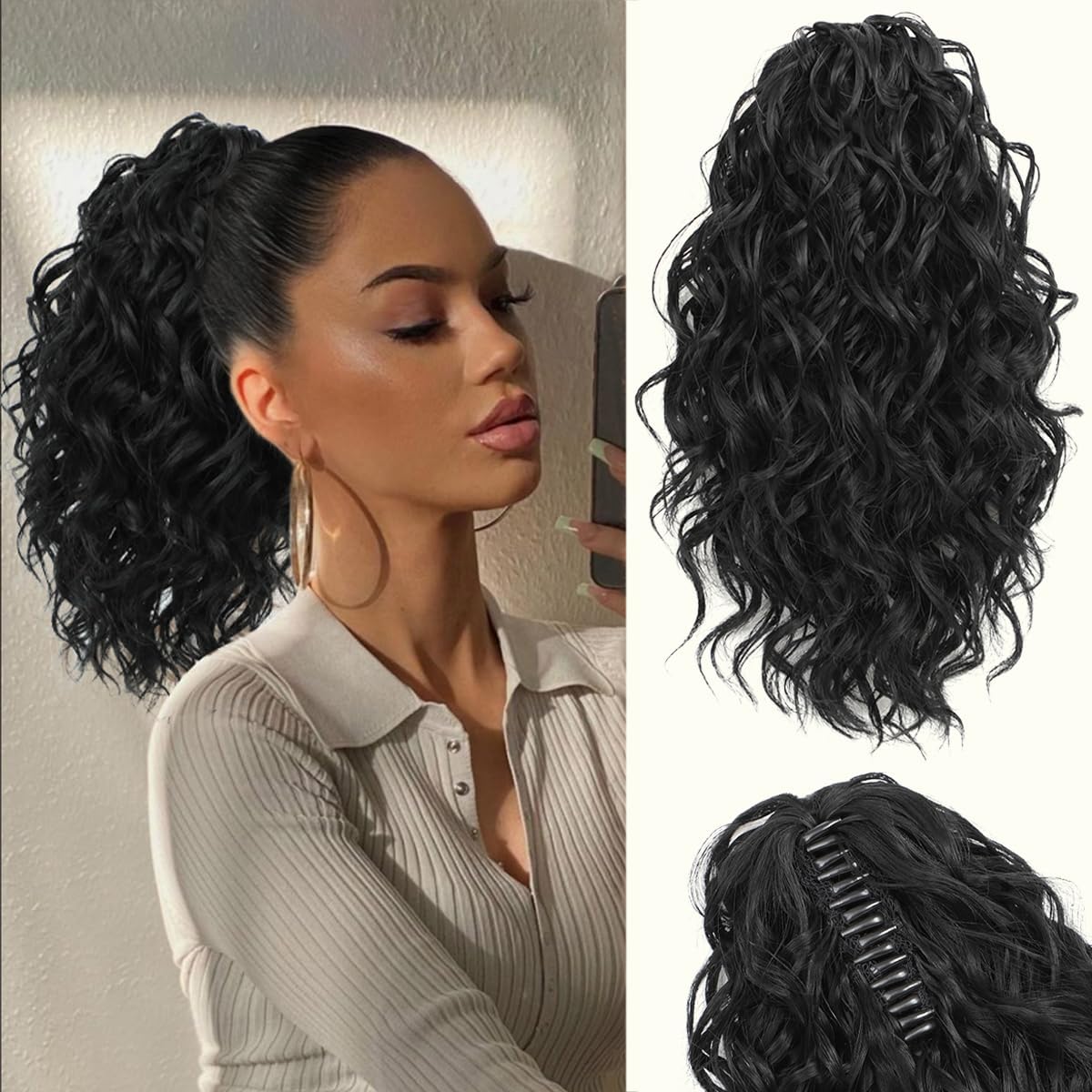 VEGALILY 12 inch Ponytail Extension Black Hair Extensions Clip in ...