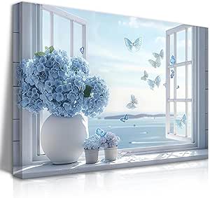 Amazon.com: Open Window Canvas Wall Art Blue Hydrangea Floral Vase ...