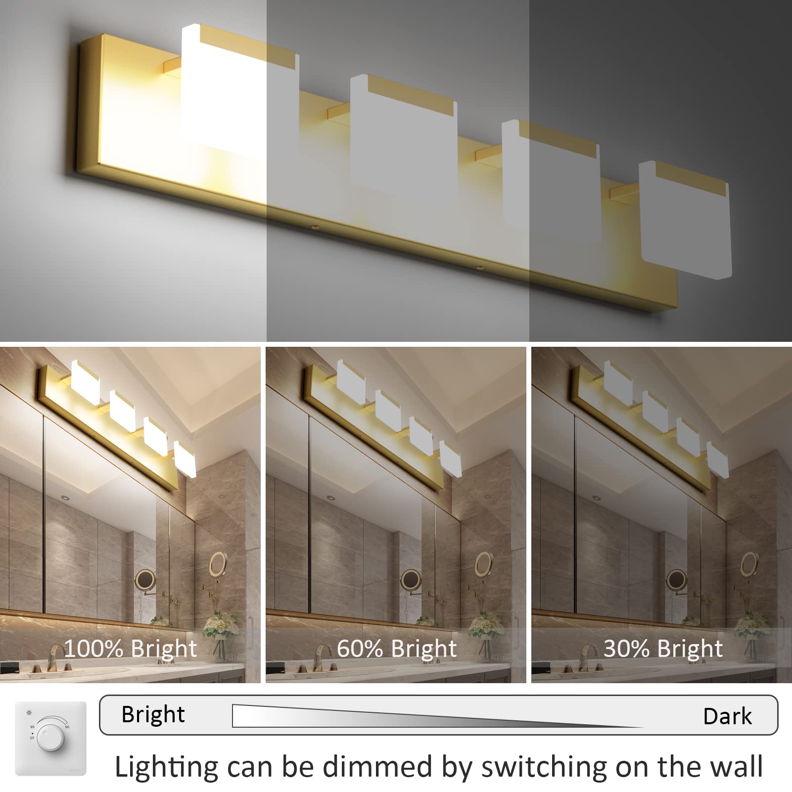 Ralbay Dimmable Gold Vanity Light for Bathroom 4 Light Gold Bathroom ...