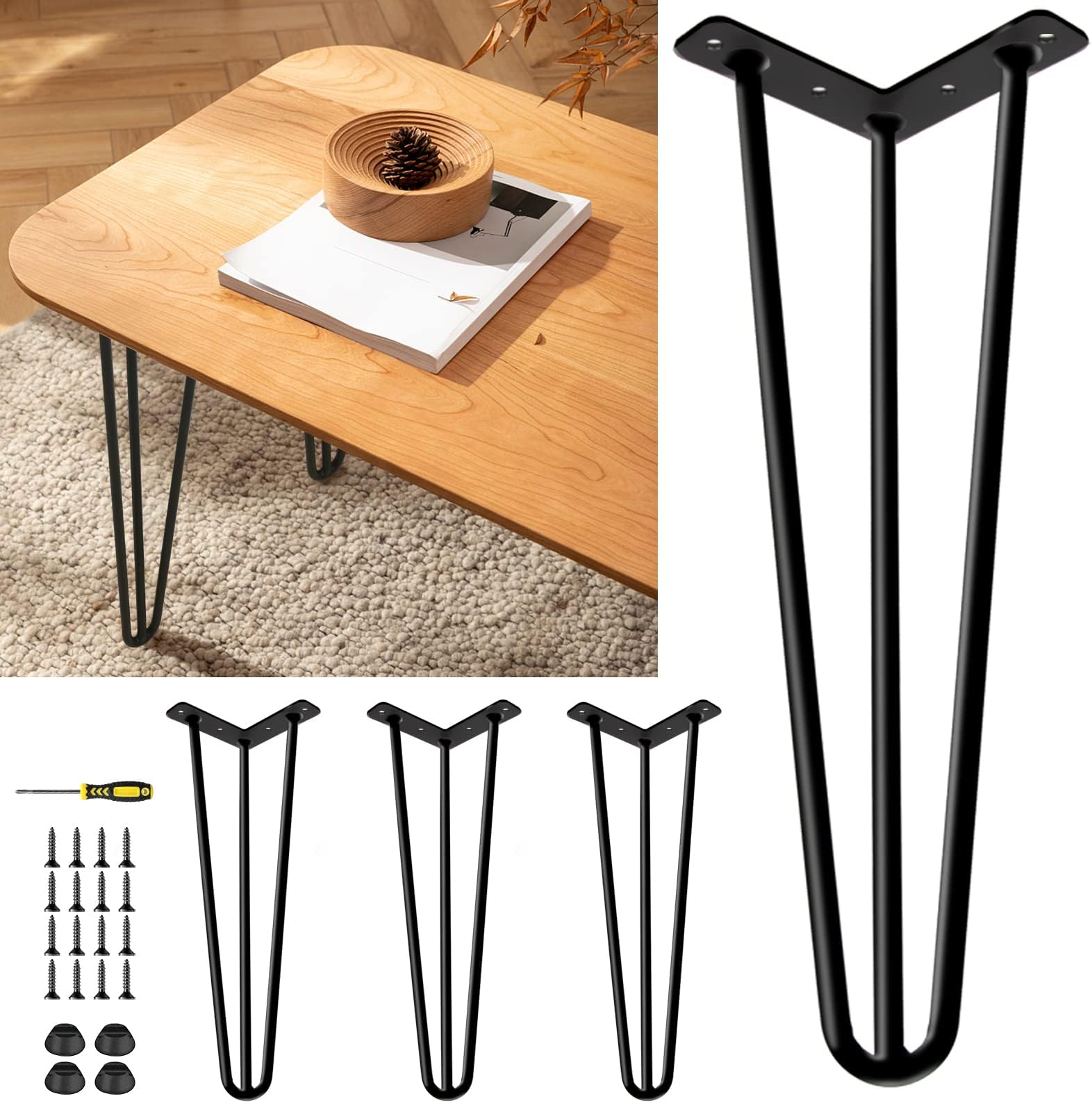10" 3-Rod Solid Metal Hairpin Legs (Set of 4) - Heavy Duty Black ...