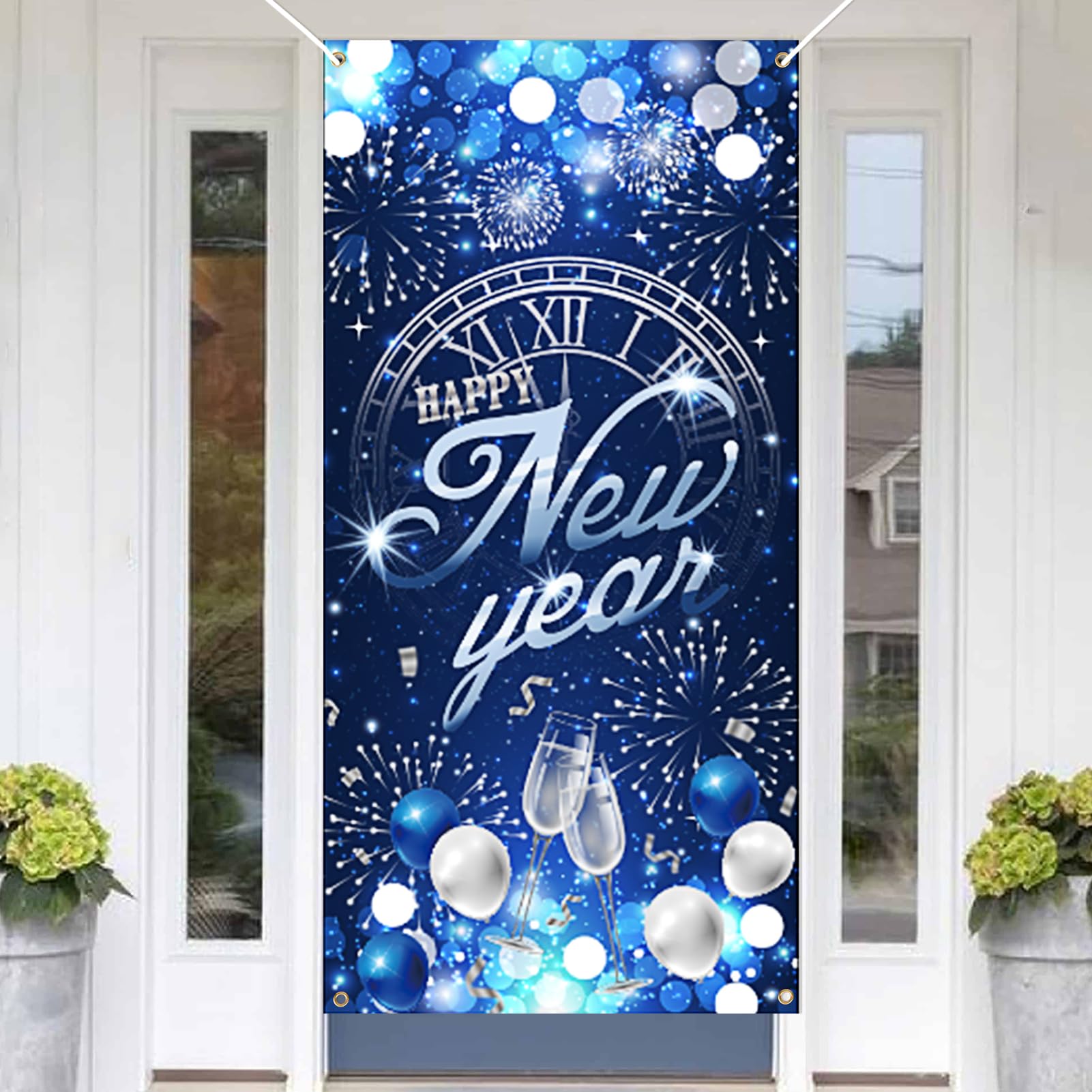 Amazon.com: Qpout Happy New Year Door Cover,Blue Silver Firework New ...