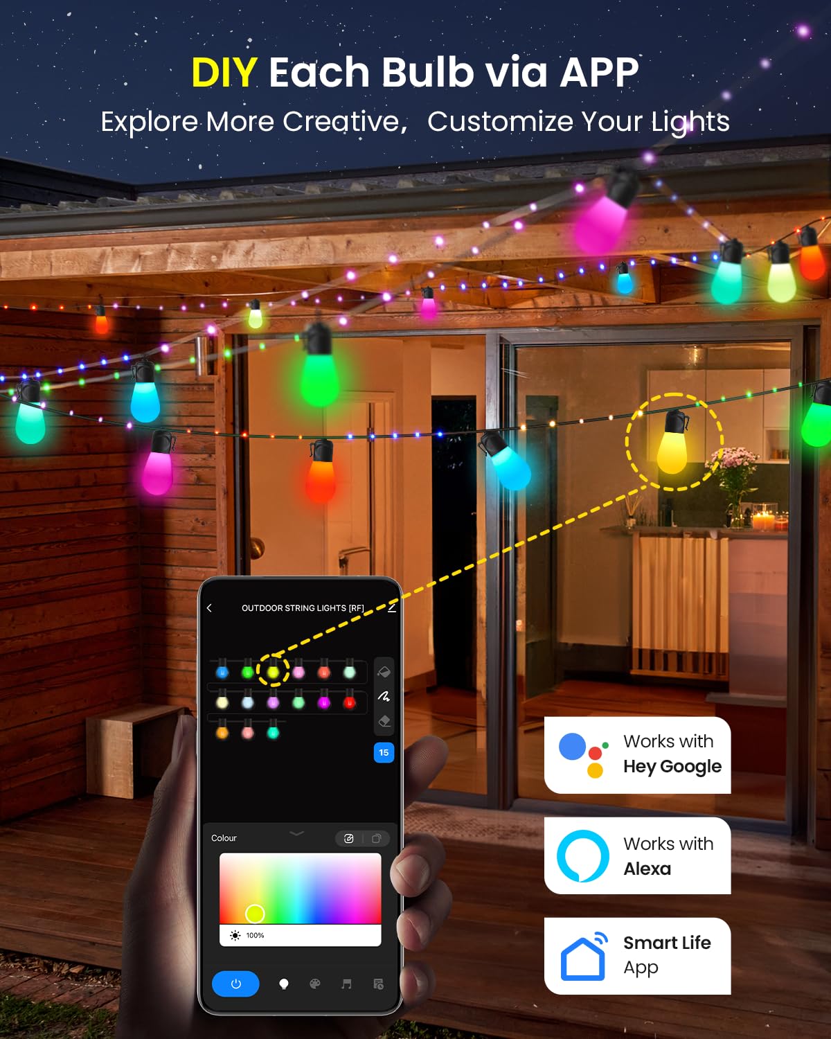Smart Outdoor String Lights with Remote, 51FT RGB LED Color Changing ...