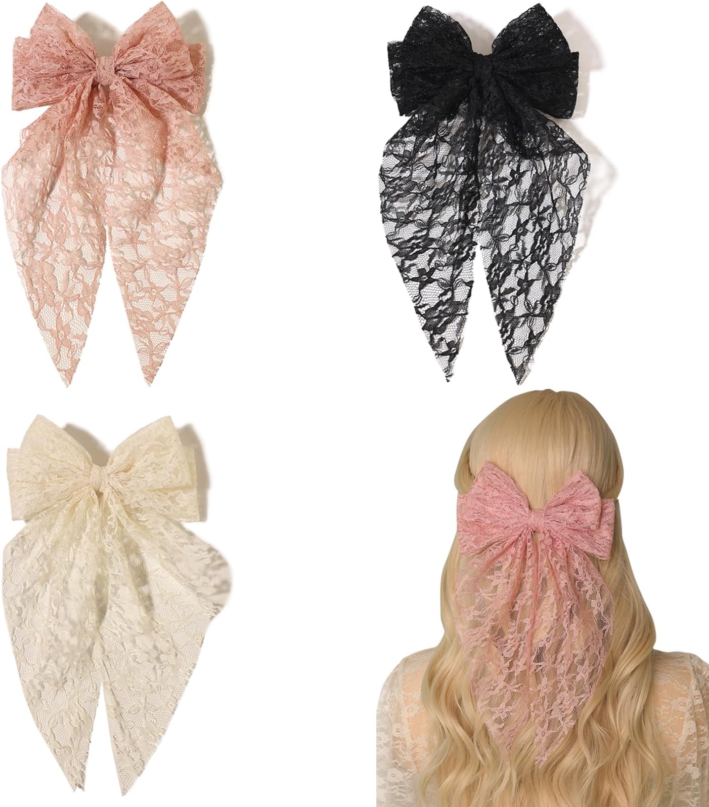 Amazon.com : LFOUVRE Womens Hair Accessories - Lace Bow Clips, Large ...