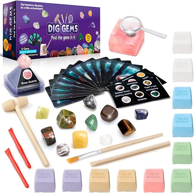 IKUPER Mega Gemstone Dig Kit with 12 Gems Blocks- Dig Up Real Gemstones ...
