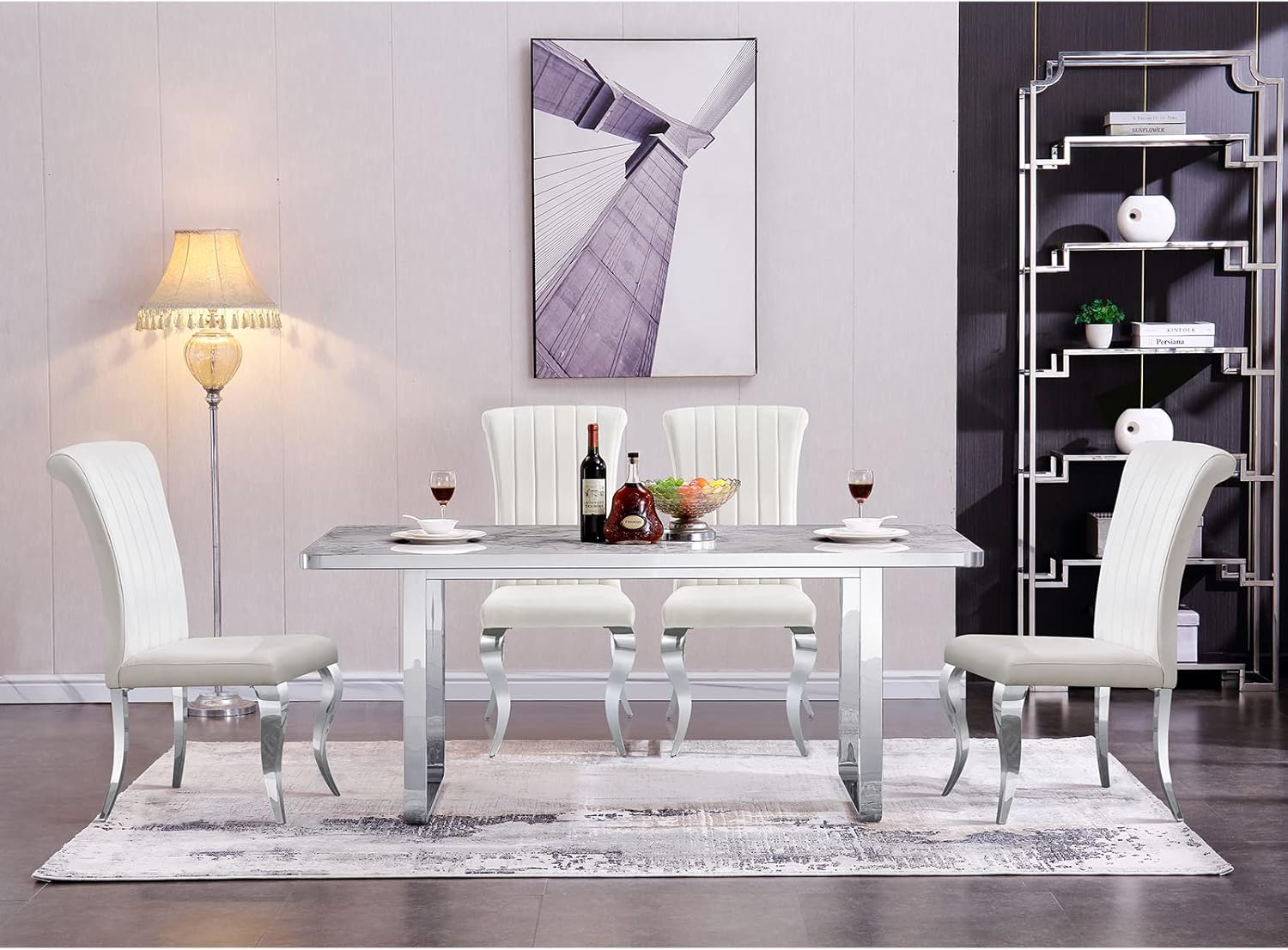 Amazon.com: AZhome 7 Piece Silver Dining Room Set, Stone Top Dining ...