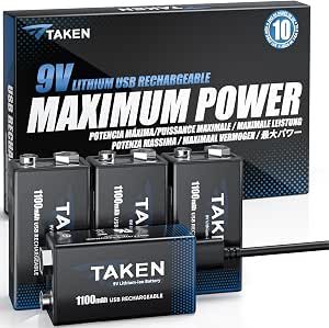 Amazon.com: Taken 9 Volt Batteries 4 Count USB Rechargeable, High ...