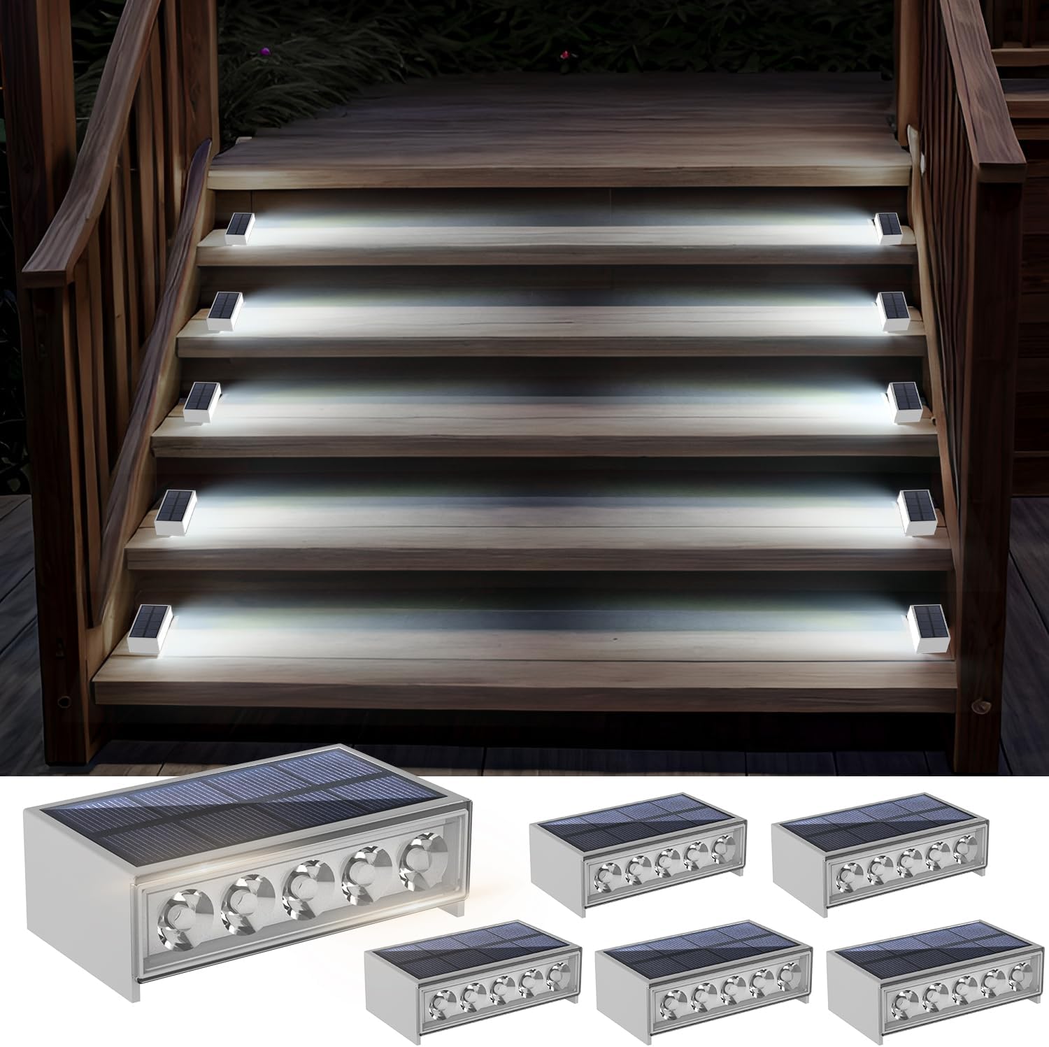 T-SUN Solar Step Light Outdoor, 6 Pack Solar Stair Light, 6000K Cold ...