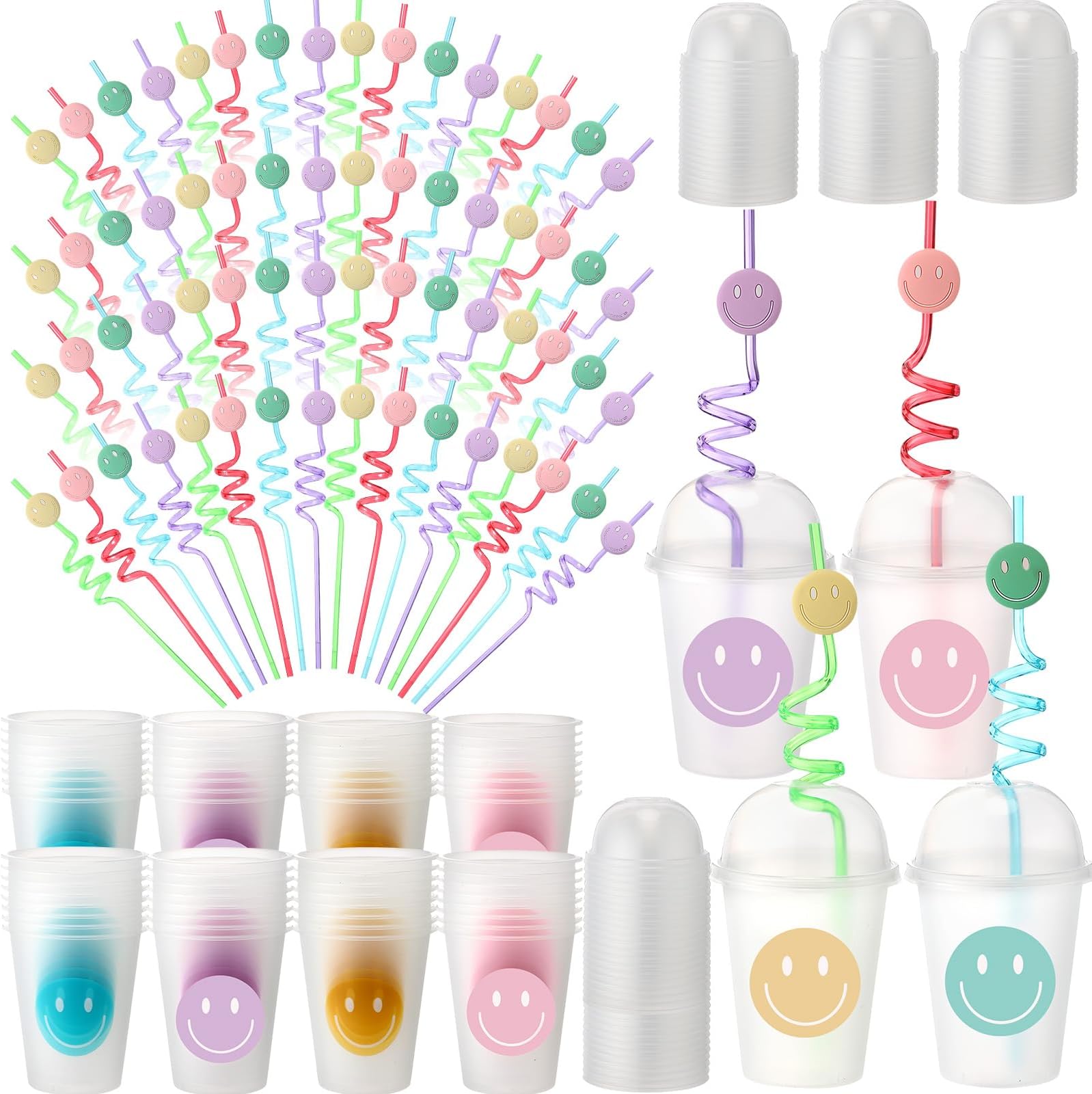 Amazon.com: Yaomiao 64 Pack Smile Face Sipper Cups with Straws and Lids, 12 oz Clear Plastic ...